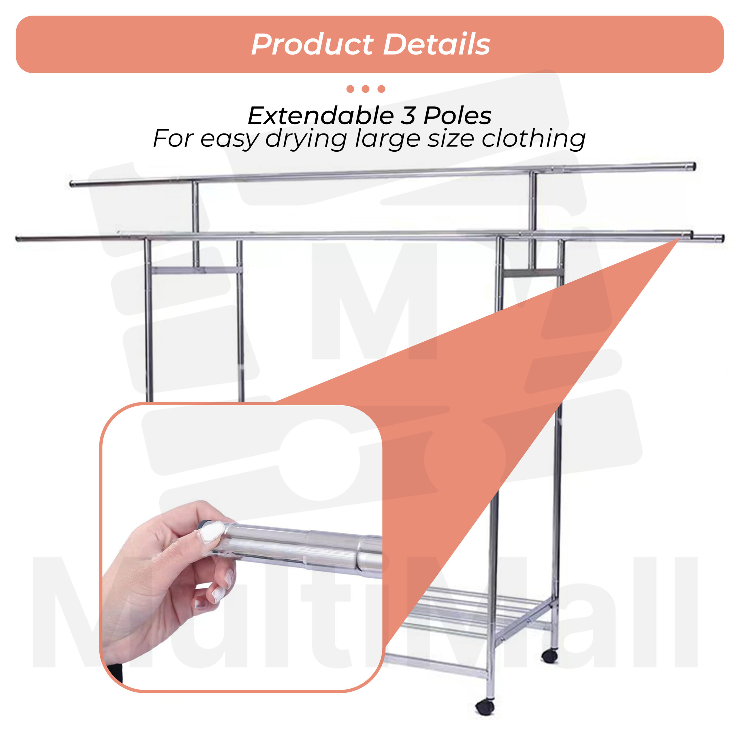 2.4M Poles Stainless Steel Laundry Rack, Extendable 3 Poles, Large ...